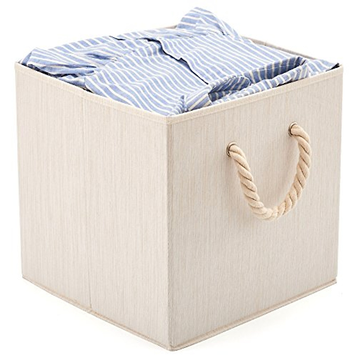 EZOWare Foldable Bamboo Fabric Storage Bin with Cotton Rope Handle, Collapsible Resistant Basket Box Organizer for Shelves, Closet, and More (Set of 2, Beige)