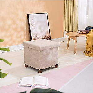 15 Inches Storage Ottoman with Wooden Legs Cube Foot Rest Stool, Square Footstool Storage, Ottoman with Storage for Living Room, Foldable Fabric Ottoman, Comfortable Seat with Lid, Space-Saving Beige