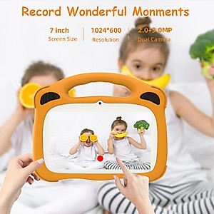 Aheadthink Kids Tablet, 7 inch Tablet, 32 + 128gb ROM Expansion, Android 12 Kids BT, GMS, WiFi, Parental Control Mode, Animal Appearance Shell Resistant, Education, Games.(Yellow)