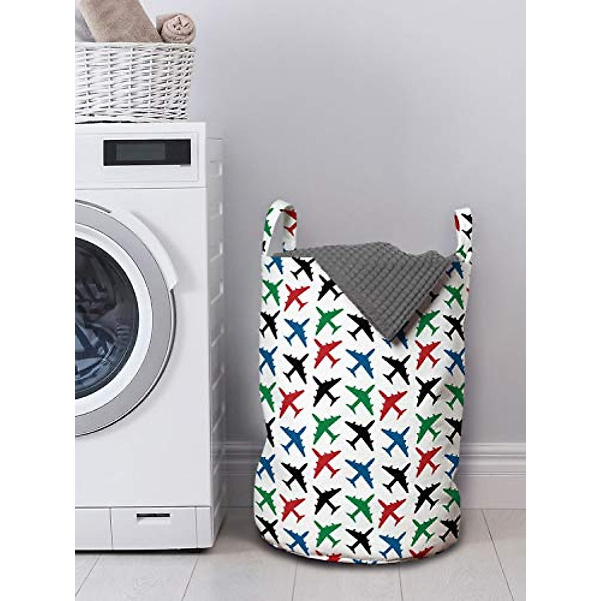 Lunarable Airplane Laundry Bag, Plane Pattern Aircraft Fighter Jet Transportation Retro Historical Times, Hamper Basket with Handles Drawstring Closure for Laundromats, 13" x 19", White Green Blue
