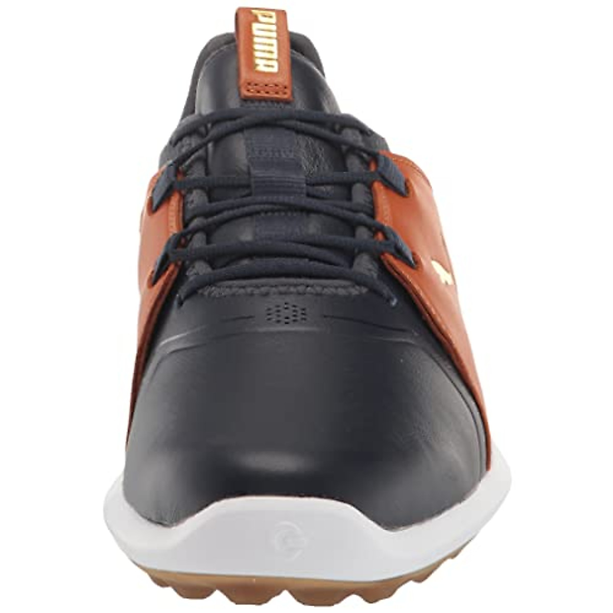 PUMA Men's Ignite Fasten8 Crafted Golf Shoe, Navy Blazer/Gold/Leather Brown, 9.5