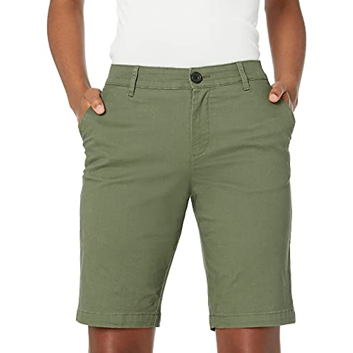 Amazon Essentials Women's Mid-Rise Slim-Fit 10 Inch Inseam Bermuda Khaki Short, Olive, 10