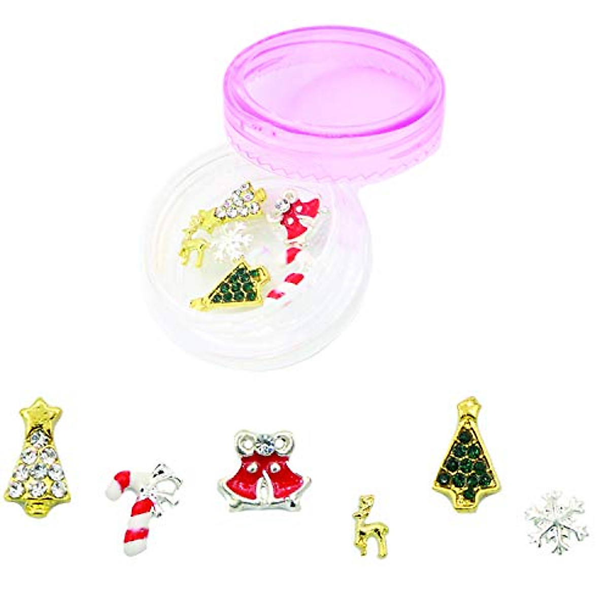 NAILDROBE 6 Christmas Holiday Nail Charms (Reindeer, Christmas Trees, Candy Cane, Snowflake, Bell) 2019 Edition PLUS Bonus Reusable Storage Jar