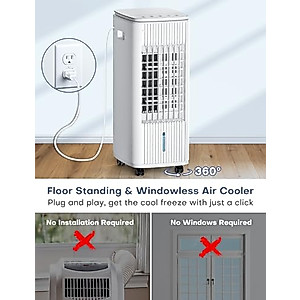 Evaporative Air Cooler, BALKO 3-IN-1 Windowless Swamp Cooler w/ 0.8 Gal Detachable Water Tank, 7H Timer & Remote, 4 Ice Pack, 70° Oscillation, Ductless Air Conditioner Portable for Room Indoor Office