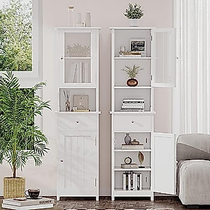 Rovaurx Tall Bathroom Floor Cabinet with Glass Doors, Narrow FreeStanding Storage Cabinet with Adjustable Shelf, Wooden Bathroom Storage Cabinet, Pantry with Drawer, White BMGZ105W