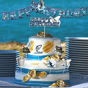 Geosar 50 Pcs Fish Happy Birthday Banner Gone Fishing Party Decorations Fisherman Cake Toppers Gone Fishing Party Supplies for Men Boys Fishing Themed Party
