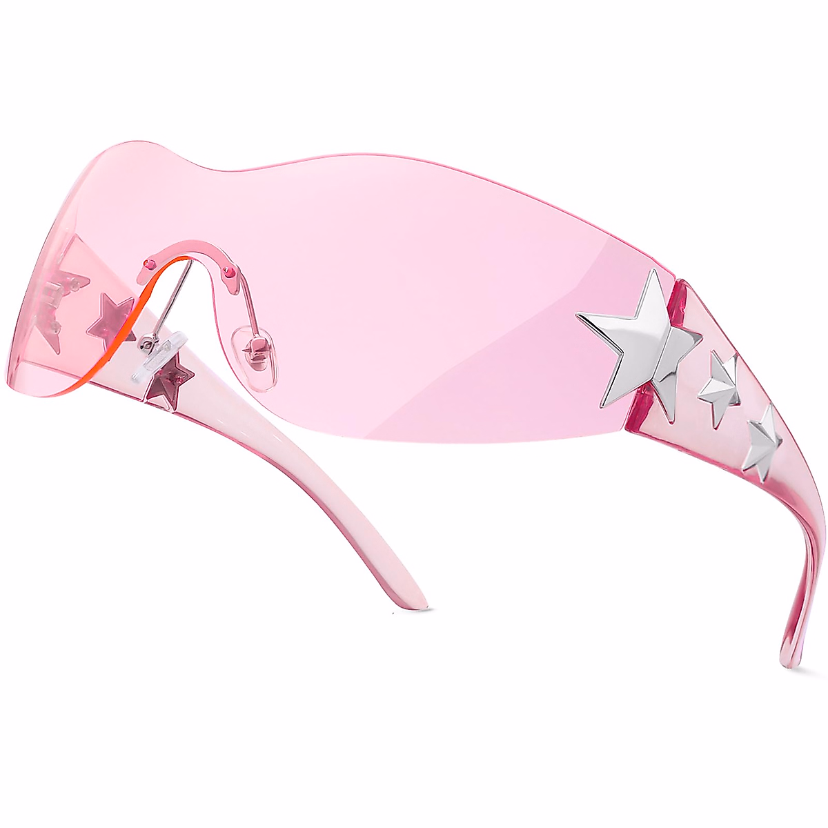 Haqptul Rimless Y2K Sunglasses Star Wrap Around Glasses 2000S Accessories for Women Men Trendy Fashion Cool Shield Shades (Pink/Pink)