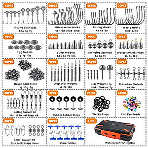 PLUSINNO 397pcs Fishing Accessories Kit, Fishing Tackle Box with Tackle Included, Hooks, Weights, Jig Heads, Swivels Snaps Combined into 12 Rigs, Fishing Gear Equipment for Bass