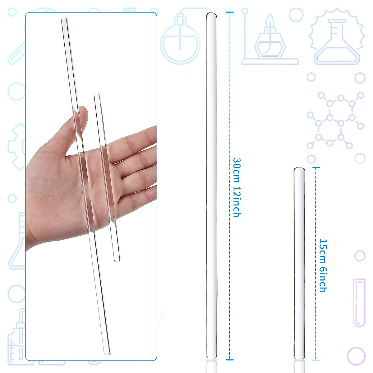 20 Glass Stirring Rods Stir Stick with Both Round Ends 12 Inch Long 7 mm Diameter and 6 Inch Long 5 mm Diameter, 10 for Each Size for Lab Kitchen Science Education and Stir Hot Cold Beverage Cocktails
