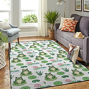 Cartoon Frogs Flower Leaves Pond Area Rugs Water Lilies Lake Floor Carpet Animals Throw Mat for Baby Toddler Nursery Bedroom Bathroom Living Room Kitchen Laundry Home Decor Playmat 20x32inch