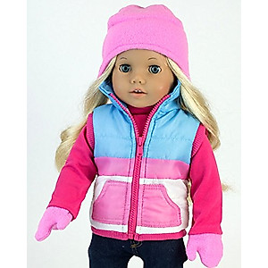Sophia's 18" Doll 4 pc. Winter Fun Set with Puffy Powder Blue, White, and Hot Pink Striped Vest, Pink Fleece Hat and Mittens, and Polar Bear Snowflake Print Inner Tube
