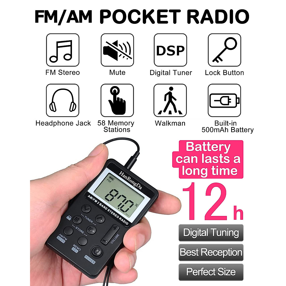 HanRongDa Portable Radio AM/FM Walkman with Excellent Reception and Stereo Sound, Pocket Radios with 58 Preset Stations, Built-in 500mAh Battery for Walking, Jogging, Mowing and Traveling HRD-103