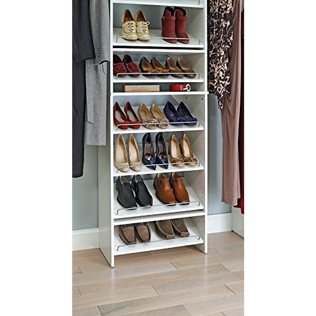 ClosetMaid SuiteSymphony Wood Shelves Set, Add On Accessory Angled, Shoe Fence, for 25 in. Units, Pure White/Satin Nickel, Shelf, 2 Piece