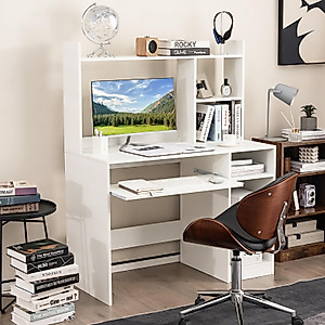 COSTWAY White Computer Desk with Storage Shelf, Wooden Writing Desk with Hutch, Office Desk with CPU Stand & Keyboard Tray, Home PC Desk with Bookshelf, for Bedroom, Study, Living Room
