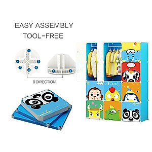 MAGINELS Kids Closet,Baby Wardrobe Closet with Door,Cute Portable Armoire Dresser,Clothes Hanging Storage Rack for Boy Bedroom,Blue,12 Cube(14x14inch)