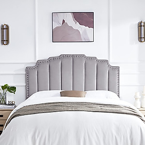Kingfun Mid Century Headboard for Queen Size Bed, Velvet Upholstered Tufted Bed Headboard with Nailhead Decor, Adjustable Curved Solid Wood Head Board Vertical Channel Design (Medium Grey)