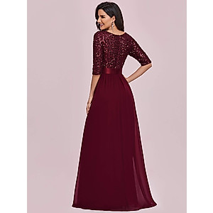 Ever-Pretty Women's Elegant A Line Crew Neck Half Sleeve Sequin Maxi Evening Dress Burgundy US24