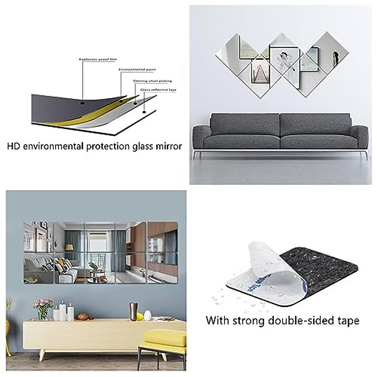 Socokici Shatterproof Full Length Wall Mirror,4Pcs Self Adhesive Acrylic 2MM Thick Mirror Tiles,12" x 12" Flexible Stick on Mirror,Non Glass Safety Mirror for Gym,Bedroom,Door,Bathroom