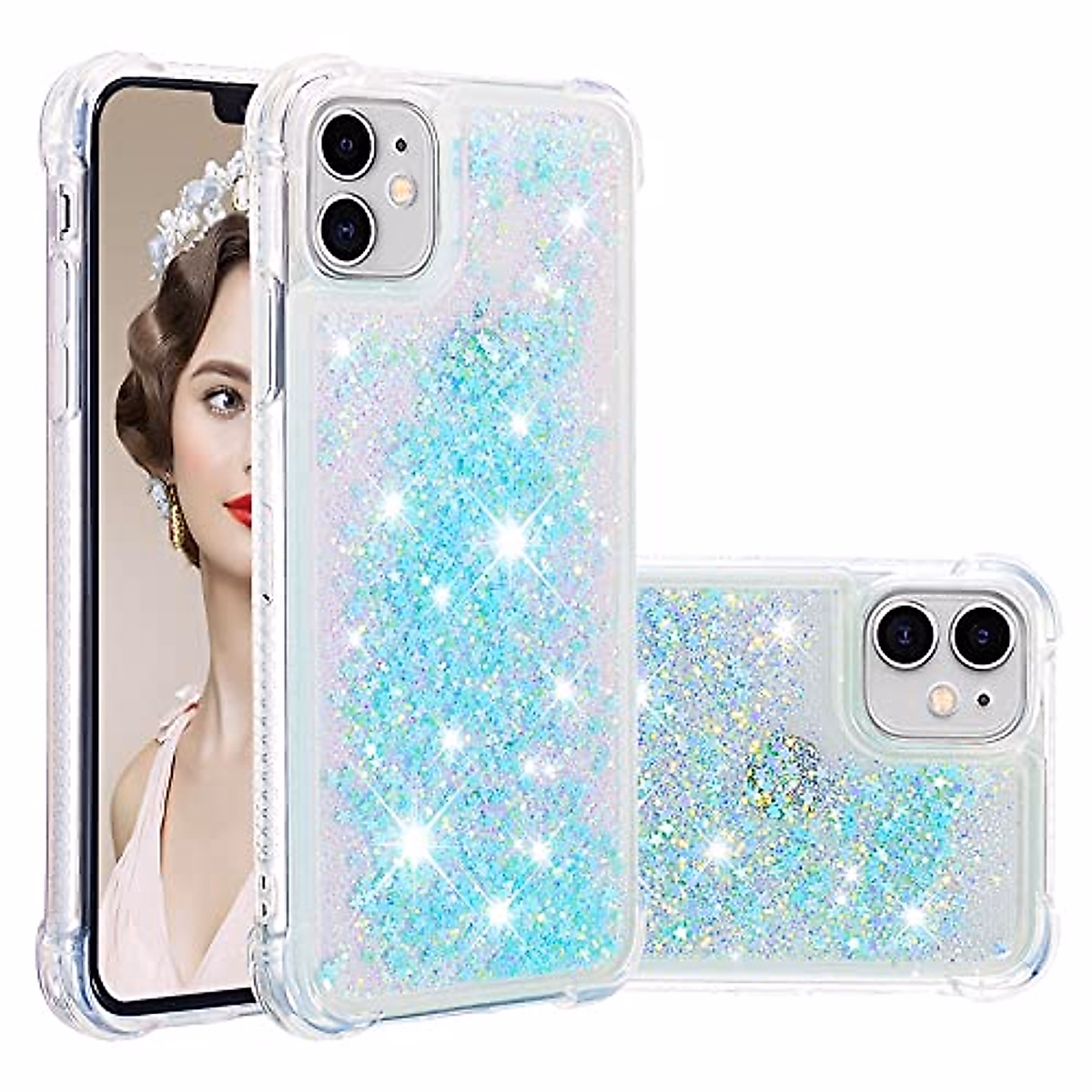 Phone Case Cover Glitter Case Compatible with iPhone 11 Case Compatible with Women Girls Girly Sparkle Liquid Luxury Floating Quicksand Transparent Soft TPU Phone Case Bags Sleeves (Color : Light blu