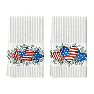 Artoid Mode Stripes Eucalyptus Leaves American Flag Stars Heart Veterans Day Kitchen Towels Dish Towels, 18x26 Inch Decoration Hand Towels Set of 2