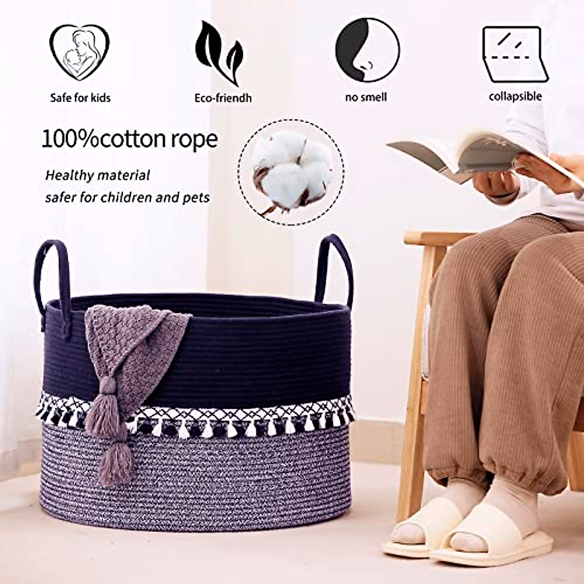 ZuiJia Shenghuo XXXLarge cotton Rope toy Basket-21.7"x21.7"x13.8"Baby Laundry Blanket Basket for storage-Extra Large Toy Bin with Handles-Living Room Bedroom Laundry Tassel Decor basket-Navy blue