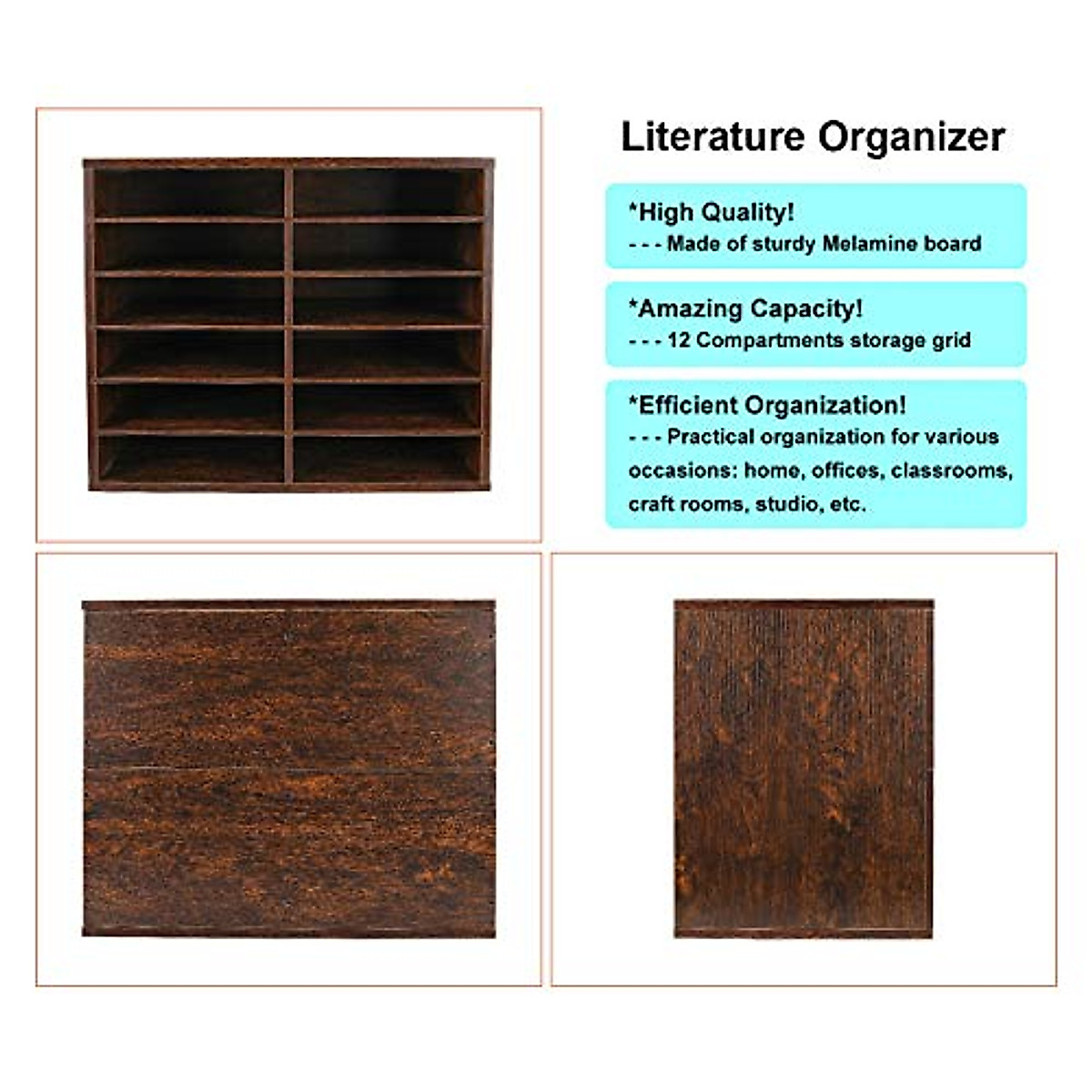 PAG Wood Desktop Literature Organizer Adjustable File Sorter Mail Center Magazine Holder Paper Storage Cabinet Classroom Keepers Mailbox for Office Home School, 12 Compartments, Brown