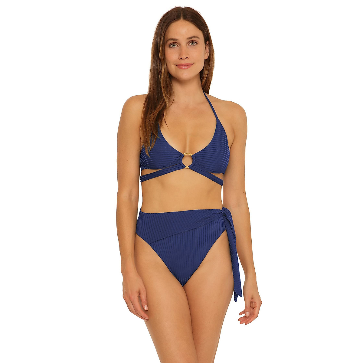 Trina Turk Women's Standard Olympia Ring Ribbed Halter Bikini Top-Adjustable, Tie Back, Swimwear Separates, Ink