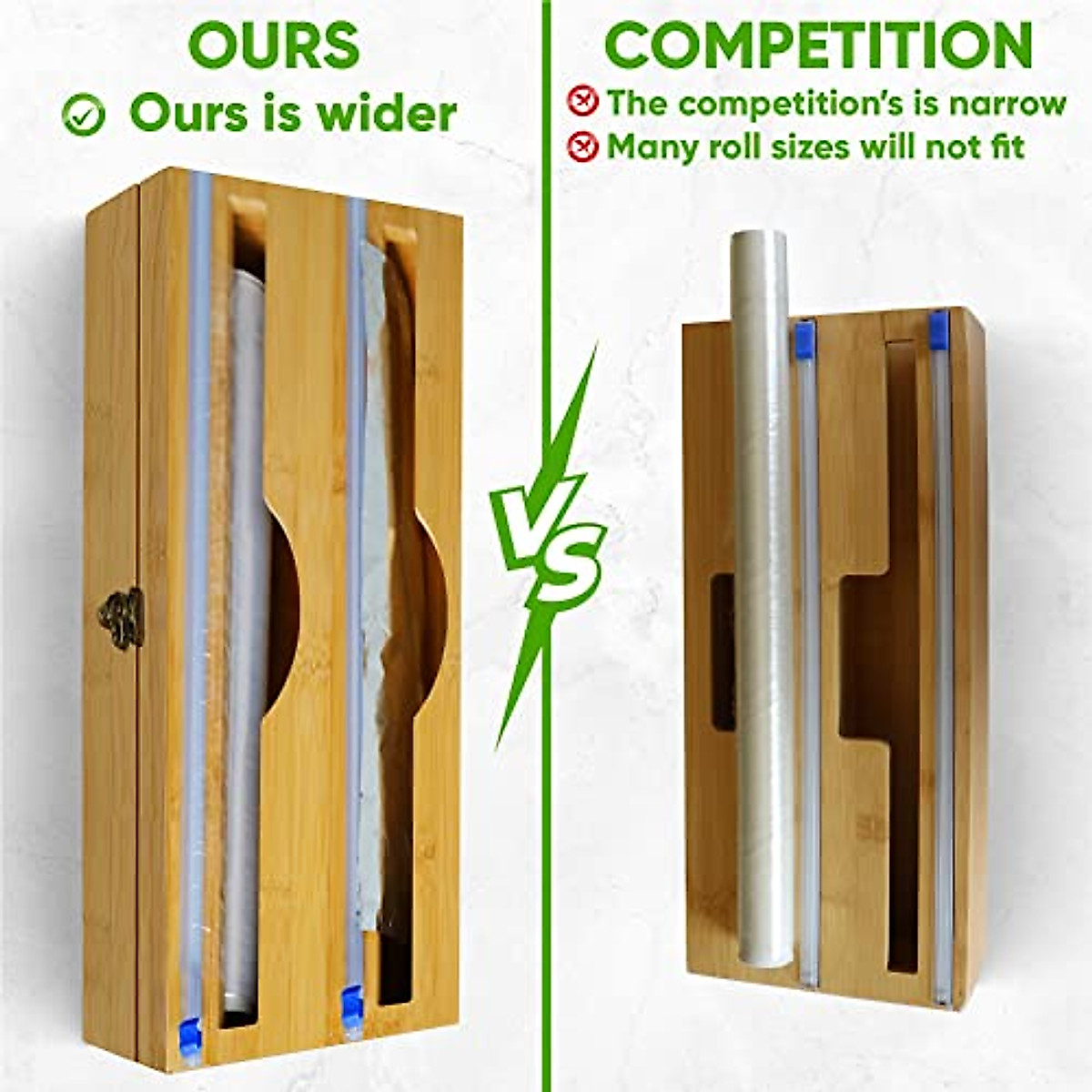 PLANET KITCHEN Extra Wide Foil and Plastic Wrap Organizer and Dispenser with Cutter - Ideal for Aluminum Tin Foil, Parchment Roll, Wax Paper, Saran Wrap, Cling Film - 16.5” x 6” - 2 Tier