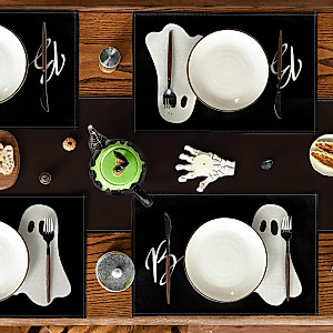 Artoid Mode Boo Ghost Halloween Placemats Set of 6, 12x18 Inch Seasonal Black Holiday Table Mats for Party Kitchen Dining Decoration