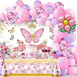 Butterfly Theme Party Decorations, Butterfly Birthday Decorations with Pink Purple Balloon Arch Kit Butterfly Photography Backdrop Banner and Tablecloth for Girls Women Birthday Party Decor