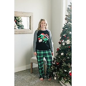 IFFEI Family Matching Pajamas Set Christmas Dinosaur and Green Plaid Print Long-sleeve Sleepwear Pet