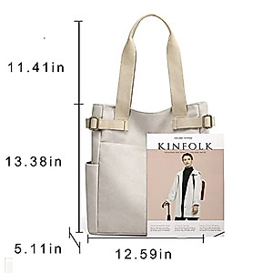 Women Canvas Tote Bag Large With Zippered Closure School ToTe Beach Work Travel Shoulder Bags (Beige)