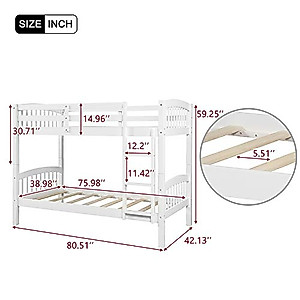CJLMN Twin Over Twin Bunk Beds, Convertible Into Two Individual Solid Wood Beds, Children Twin Sleeping Bedroom Furniture Ladder and Safety Rail for Kids Boys & Girl, Easy Assembly (White)
