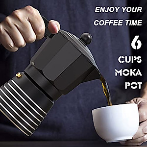 RAINBEAN Moka Pot 6 Cup Set Espresso Maker, Steam Italian Stovetop Coffee Makers Percolator, Aluminum Ripple Ring Design, Easy To Use & Clean, 2 Ceramic Cups | Stainless Spoon | Black