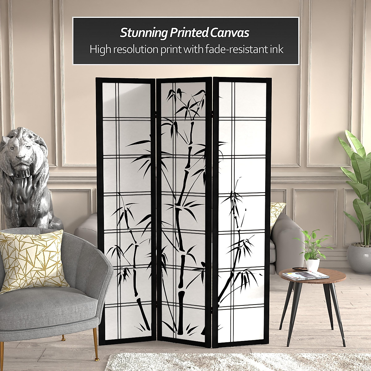 Red Lantern 6 ft. Tall Canvas Bamboo Tree Black Room Divider, 71 inches high and 3 Panels wide