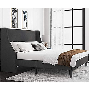 Allewie King Size Bed Frame, Platform Bed Frame with Upholstered Headboard, Modern Deluxe Wingback, Wood Slat Support, Mattress Foundation, Dark Grey