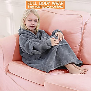 huayoute Oversized Blanket Hoodie Kids Wearable Blanket Sweatshirt for Teens Boys Girls,Super Soft Warm and Cozy Hooded Blanket Thick Flannel Blanket with Sleeves and Giant Pocket(Grey