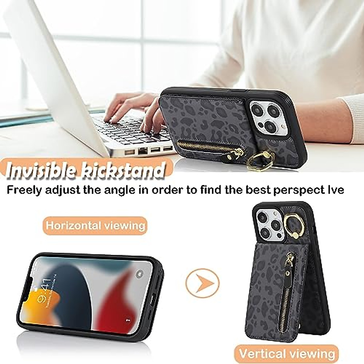 DEYHU iPhone 13 pro Case with Card Holder for Women, iPhone 13 pro Phone Case Wallet with Credit Card with Ring Kickstand Zipper Shockproof Slim Stand Case for iPhone13pro - Black Leopard