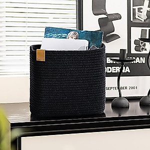 Goodpick Magazine File Holder Small Storage Baskets for Organizing Woven Rope Basket for Newspaper, Books, Towels, Desk Closet Organizer and Storage Bin for Office Decorative Black Basket for Shelves