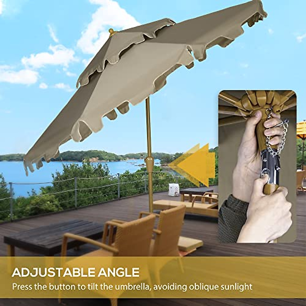 Outsunny 9' Patio Umbrella with Push Button Tilt and Crank, Double Top Ruffled Outdoor Market Table Umbrella with 8 Ribs, for Garden, Deck, Pool, Brown
