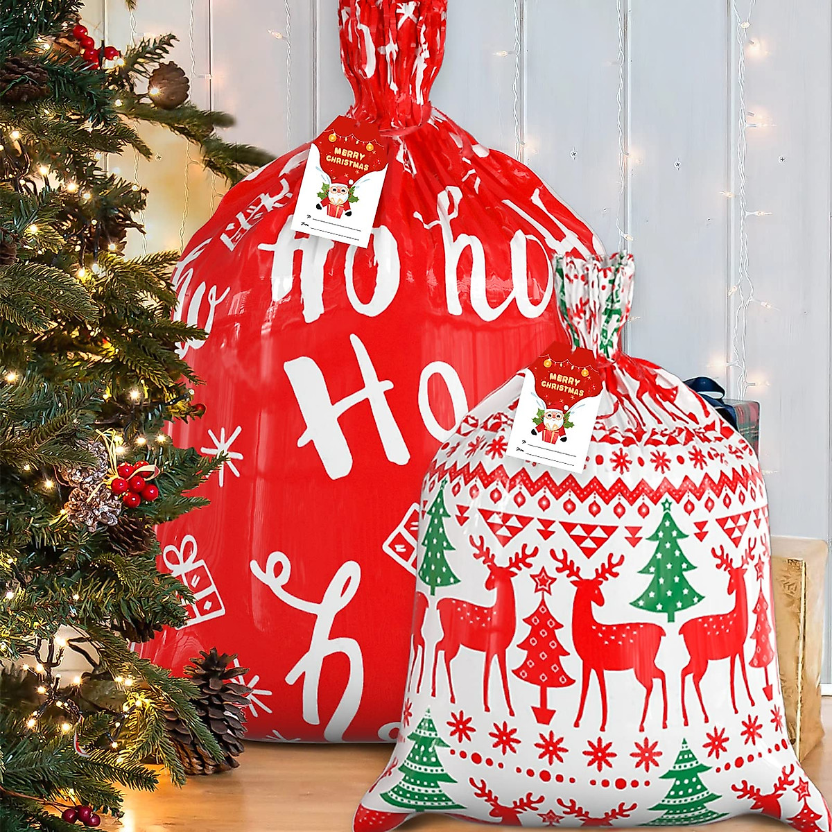 Large Christmas Gift Bag for Christmas Presents- 6Pcs Jumbo Plastic Christmas Red and White Gift Bags with Gift Tags and Ribbon for Christmas Big Gift Wrapping Holiday Goody Bag Party Favor Supplies