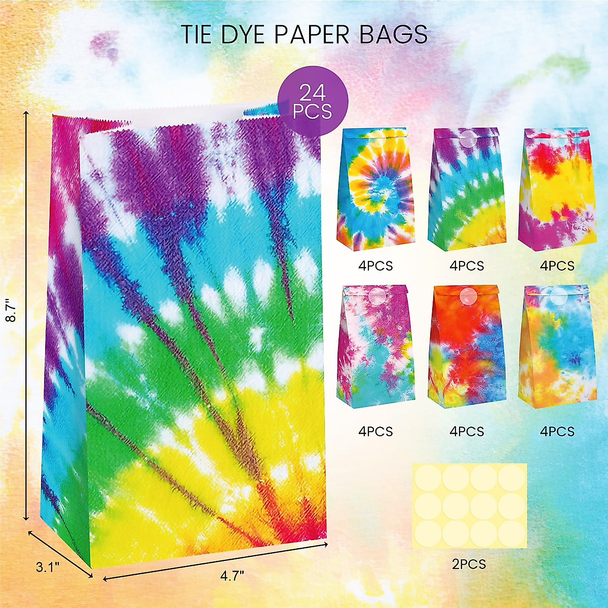 STARRKY 24PCS Party Favor Bags, Tie Dye Gift bags, Camouflage Treat Bags Kids Birthday Party Gift Bags Goodie Bags Retro Tie Dye Party Decorations