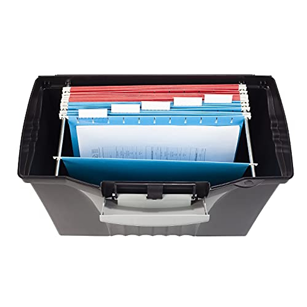 Storex Legal File Box with Organizer Lid – Plastic Office File Storage Box for Letter and Legal Hanging Folders, 17.13 x 9.63 x 11 Inches, Black, 1-Count (61510U01C)