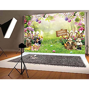 Spring Easter Photography Backdrop 7x5FT Easter Rabbit Garden Colorful Eggs Photo Backdrops Fence Green Grass Bunny Decoration Kids Newborn Baby Birthday Party Backgrounds