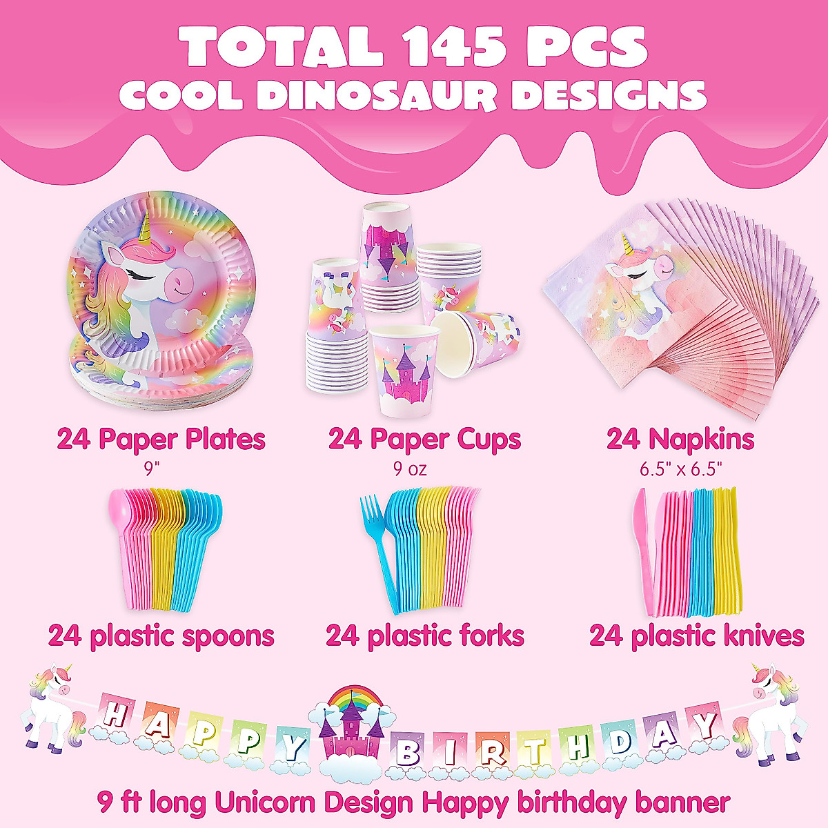 JOYIN 145 Pcs Unicorn Birthday Party Supplies with Unicorn Banner for Girls, 24 Serves Unicorn Disposable Tableware Set with Plates , Cups, Napkins, and Cutlery Sets for Unicorn Themes Party Kids 2 3