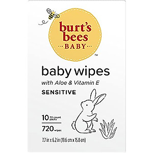 Burt's Bees Baby Wipes, Unscented Towelettes for Sensitive Skin, Hypoallergenic & Non-Irritating, All Natural with Soothing Aloe & Vitamin E, Fragrance Free, 72 count ( Pack of 10)