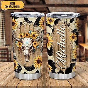 Hyturtle Personalized Gifts For Cow Lover - Skull Cow Sunflower Customized Name Stainless Steel Tumbler 20oz With Lid - Idea Farm Animals Lover Gifts For Women, Girl, kids On Birthday, Christmas