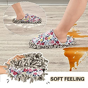 Kigai Microfiber Cleaning Slippers Cute Floral Washable Mop Shoes Slipper for Men/Women House Floor Dust Cleaner, Size L