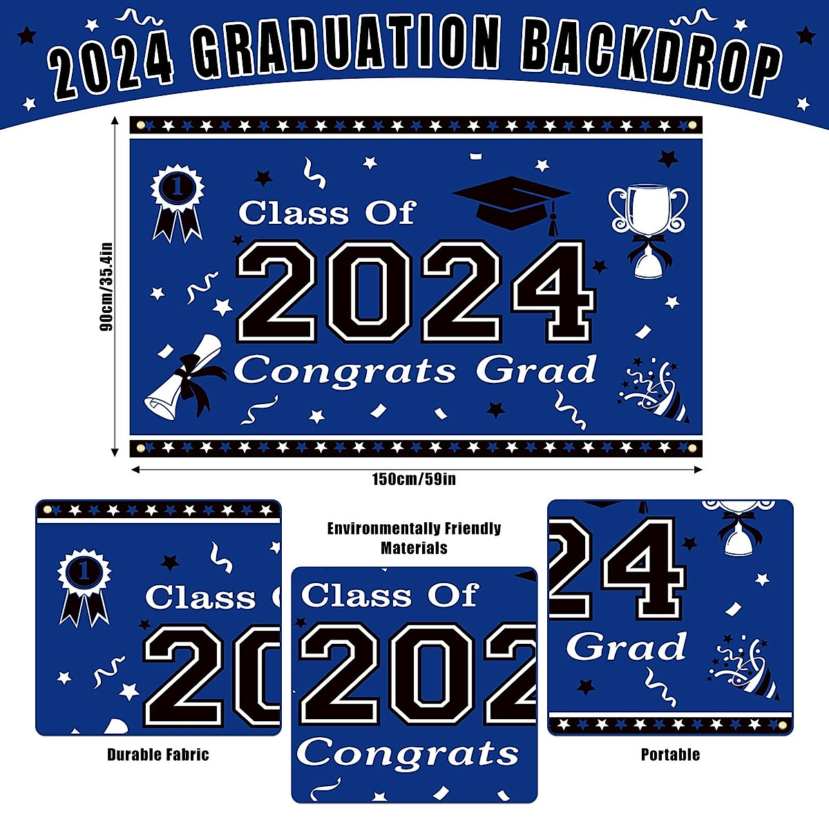 Graduation Decorations Class of 2024 Blue Themed - 2024 Graduation Foil Balloons Congrats Grad Banner Graduation Backdrop Kindergarten Graduation Congrats Grad Party Decorations Supplies