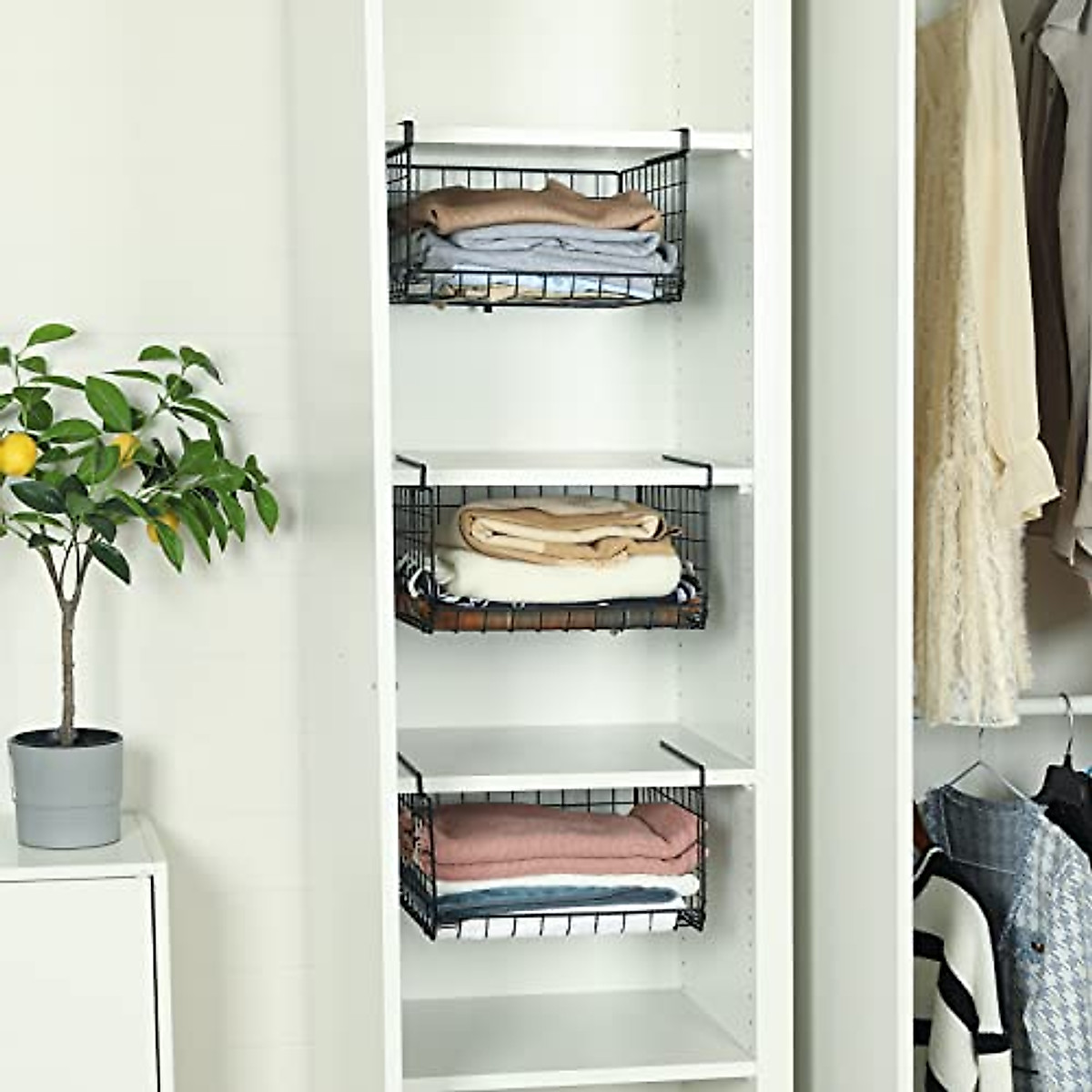 3-Tier Under Closet Shelf Basket Hanging Clothes Storage Organizer Slides Under Shelves Space Saving Stackable Cabinet Bins Foldable Metal Wire Rack with 2 Hooks for Clothing Sweaters Bedroom